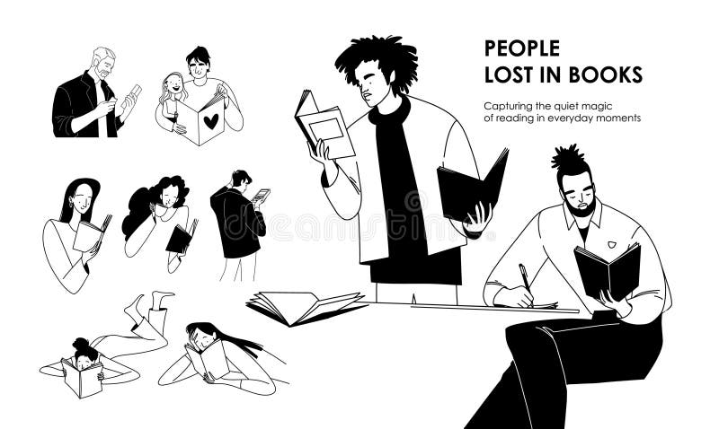 Set of Vector Line Drawings, People Lost in Books Stock Illustration ...