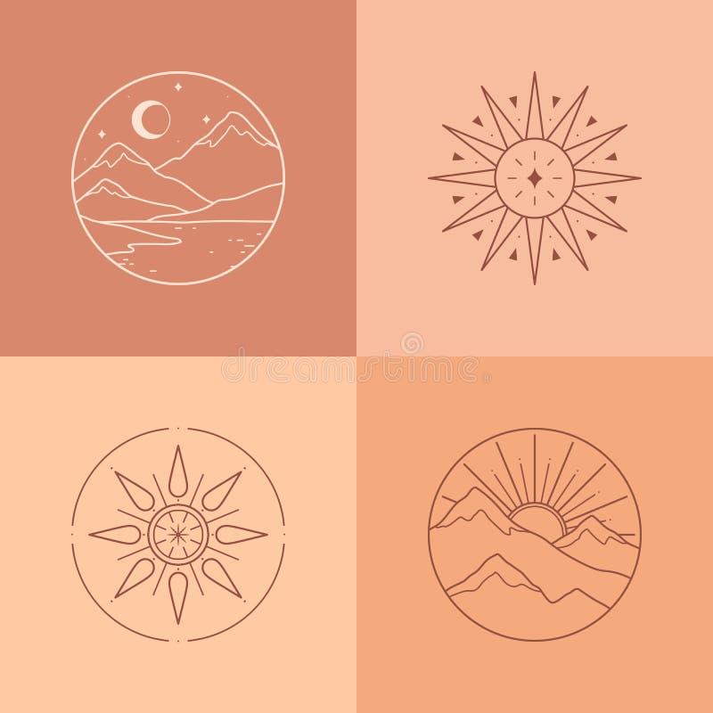 Set of Vector Linear Boho Emblems.Bohemian Logos with Lake,sun and ...