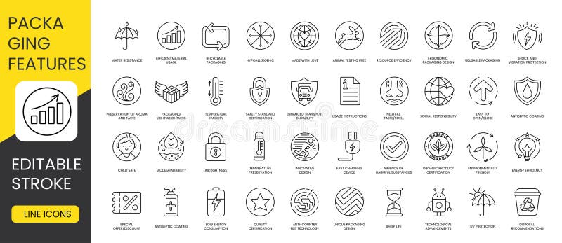 Set of Vector Linear Icons with Editable Stroke of Packaging Properties ...