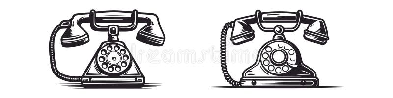 Set of Vector Logo of Hand Drawn Illustration of Retro Phone in Vintage ...