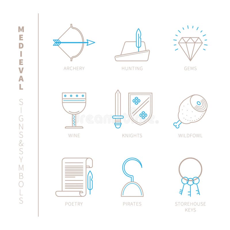 Set of Vector Medieval Icons and Concepts in Mono Thin Line Style Stock ...