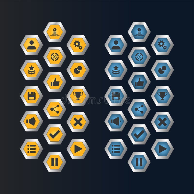Set of Vector Mobile Action Game Icons. App Template Hexagon Buttons ...