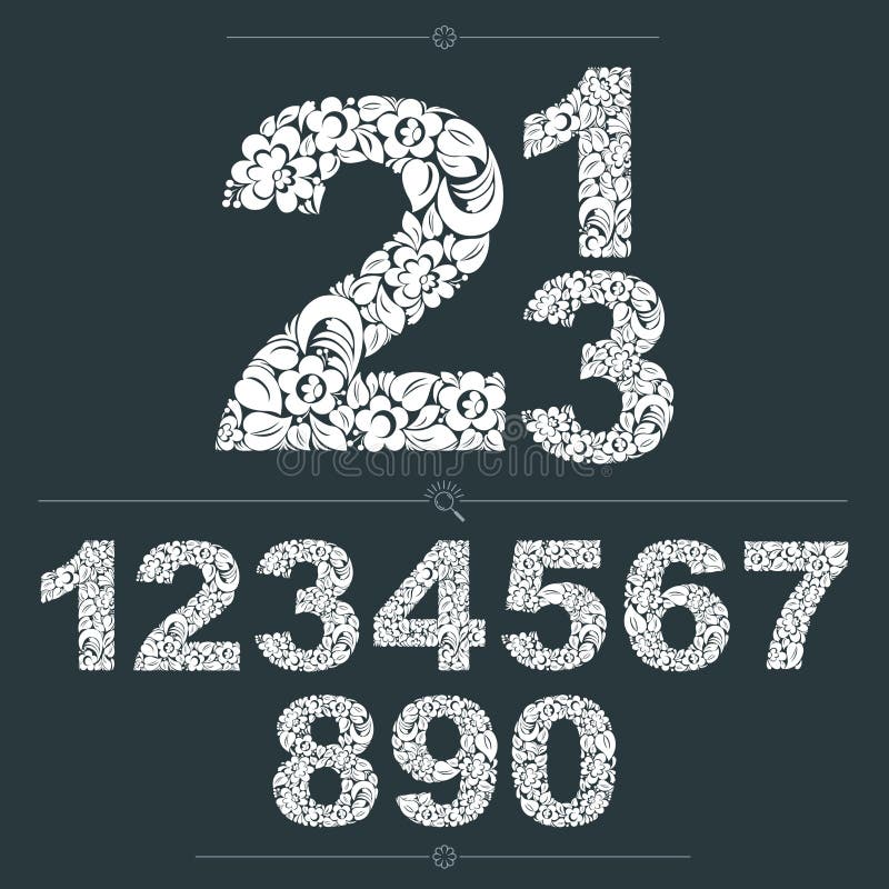 Set of Vector Ornate Numbers, Flower-patterned Numeration. Black Stock ...