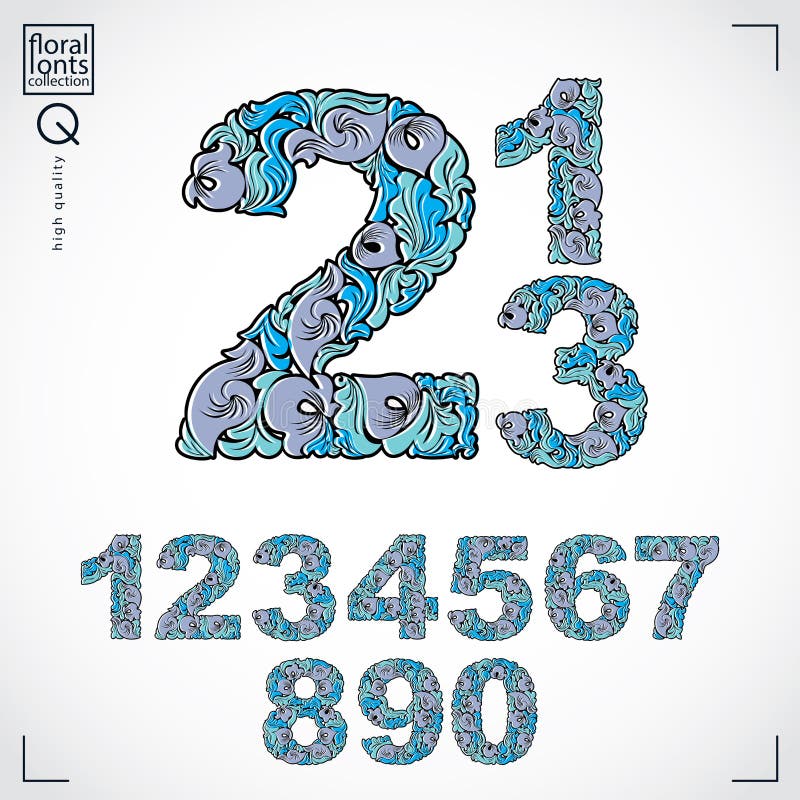 Set of Vector Ornate Numbers, Flower-patterned Numeration. Blue Stock ...