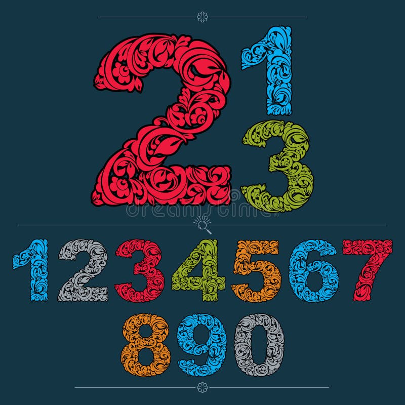 Set of Vector Ornate Numbers, Flower-patterned Numeration. Blue Stock ...