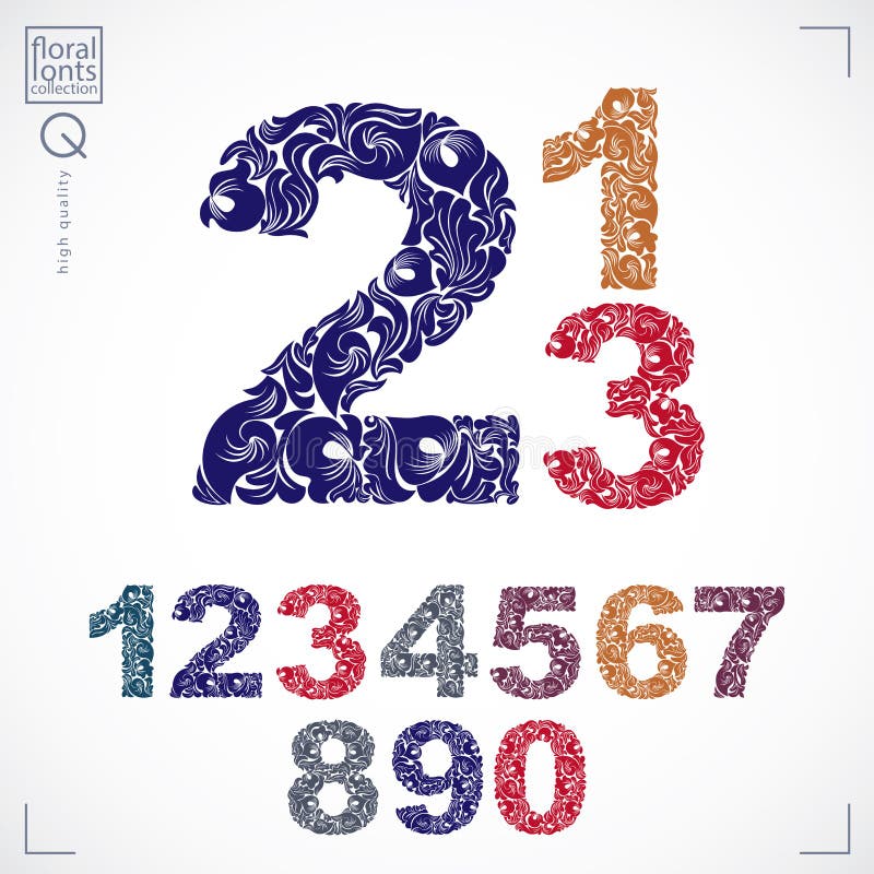 Set of Vector Ornate Numbers, Flower-patterned Numeration. Color Stock ...
