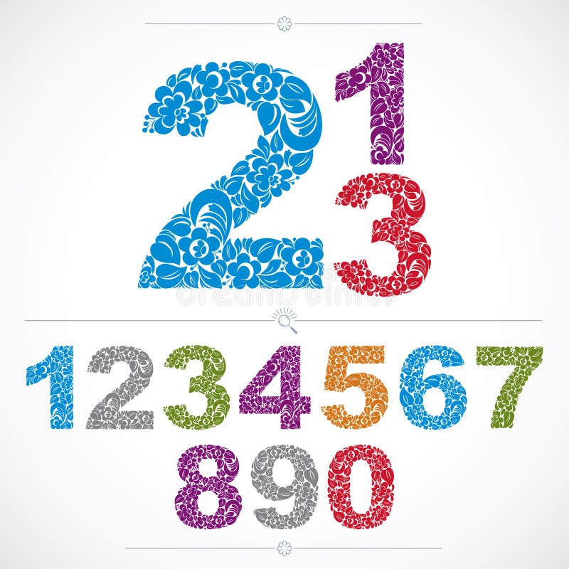 Set of Vector Ornate Numbers, Flower-patterned Numeration. Color Stock ...
