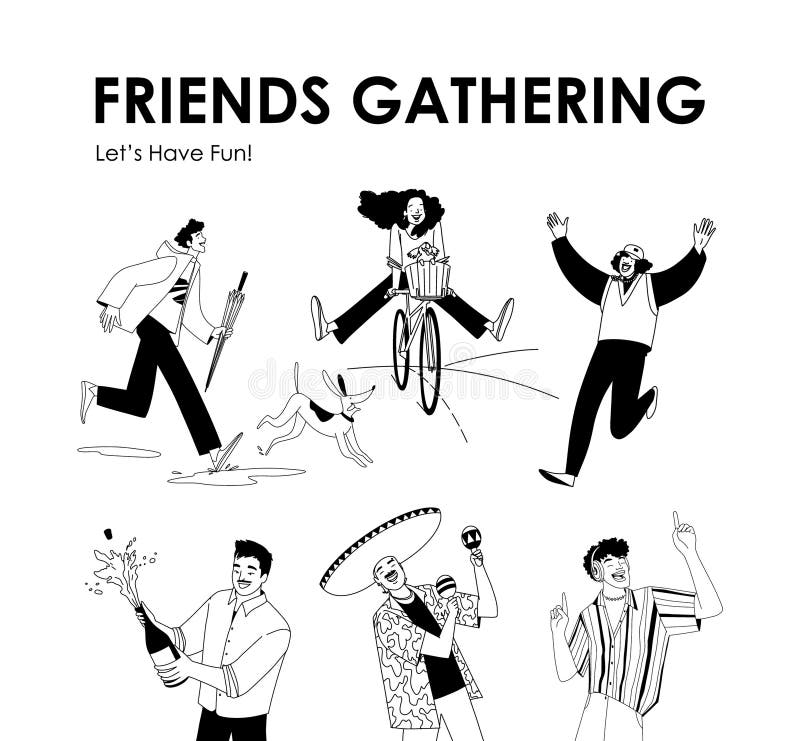 Set of Vector Outline Linear Illustrations, Friends Gathering, Fun ...