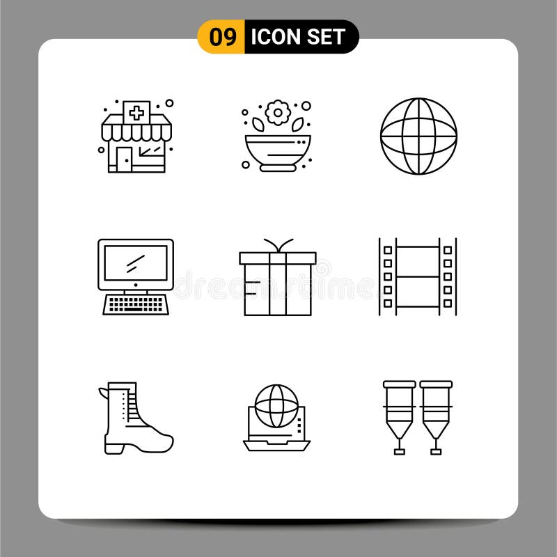 Set of 9 Vector Outlines on Grid for Gift, Box, Internet, Pc, Device ...