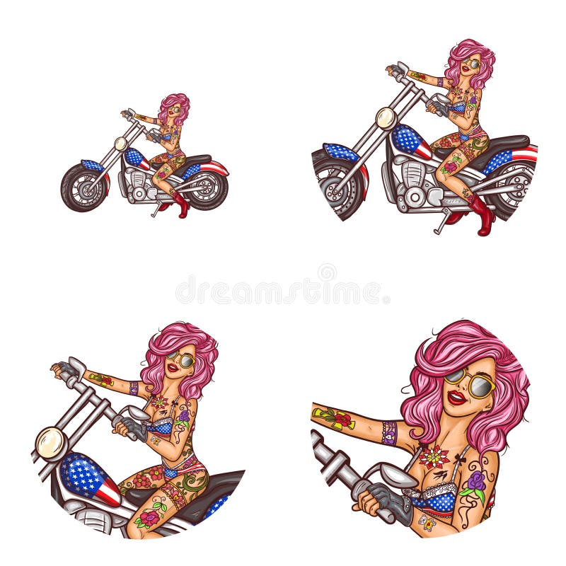 Vector Pop Art Biker Girl Sitting On A Motorcycle Stock Vector