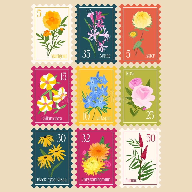 Set of Vector Postage Stamps Illustrations with Autumn Flowers. Hand ...