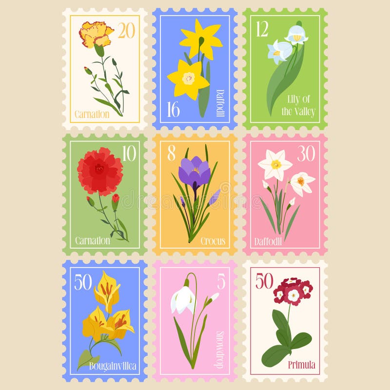 Set of Vector Postage Stamps Illustrations with Spring Flowers. Hand ...