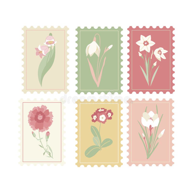 Set of Vector Postage Stamps Illustrations with Spring Flowers. Hand ...