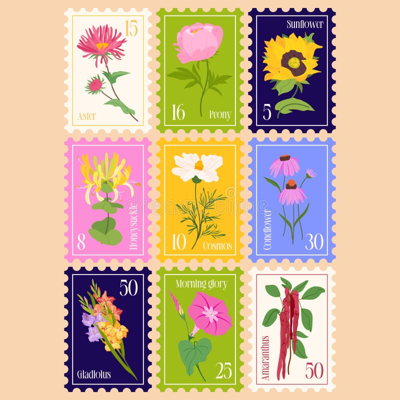 Set of Vector Postage Stamps Illustrations with Summer Flowers. Hand ...