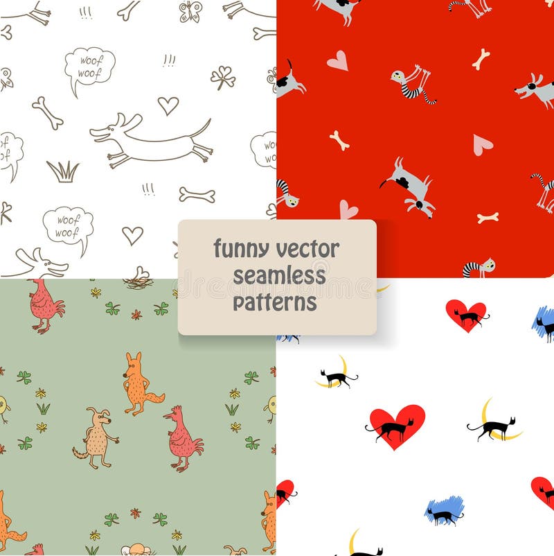 Set of Vector Seamless Funny Patterns. Funny Dogs, Cats, Fox and ...