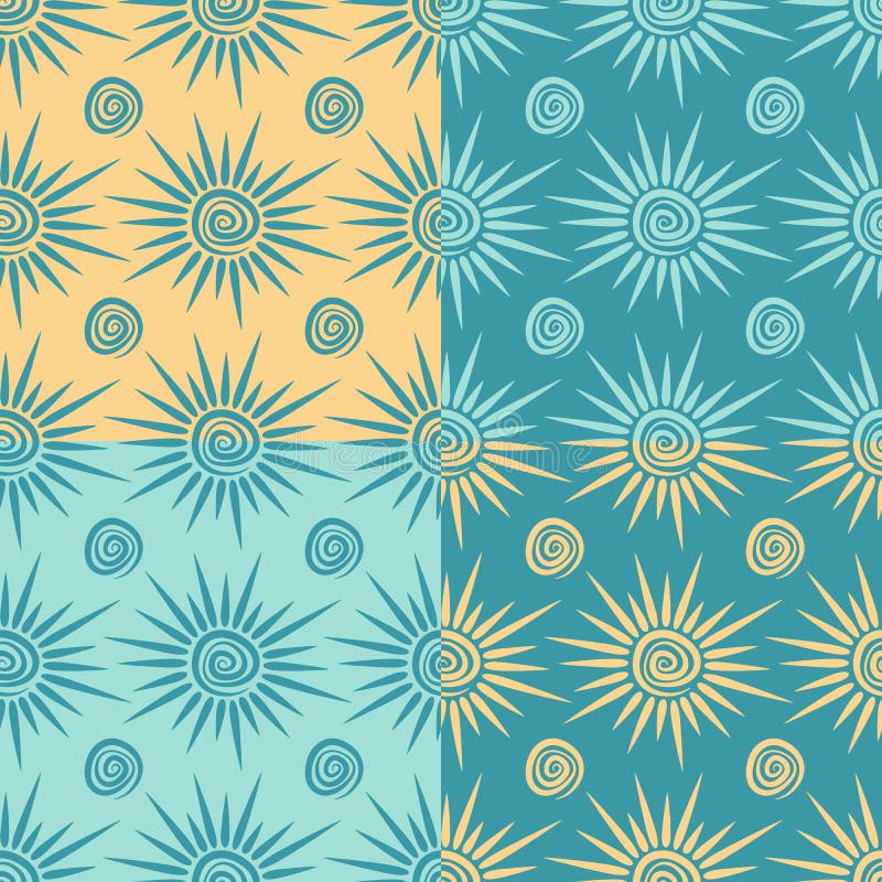 Set of Vector Seamless Patterns with Sun and Spiral. EPS10 Stock Vector ...