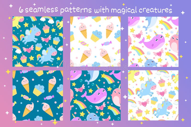 Set of Vector Seamless Patterns. Unicorns and Mermaids Stock ... Set of Vector Seamless Patterns. Unicorns and Mermaids Stock ...