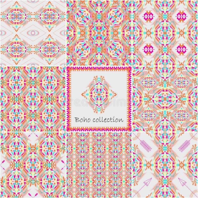 Set of Vector Seamless Textures with Tribal Geometric Pattern and Frame. Electro Boho Color ...