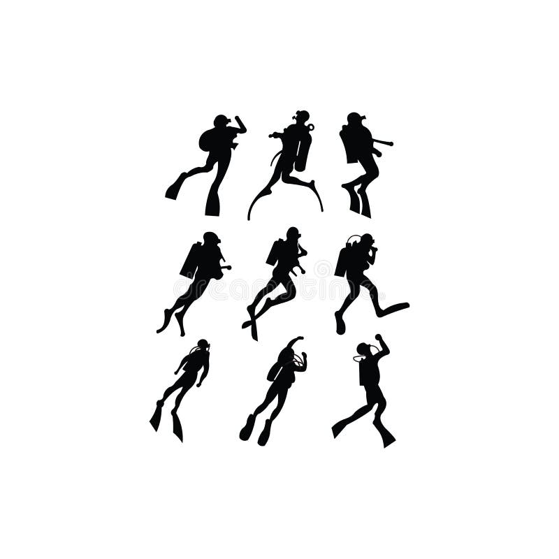 Set of Vector Silhouettes Scuba Diving in Different Poses Stock Vector ...