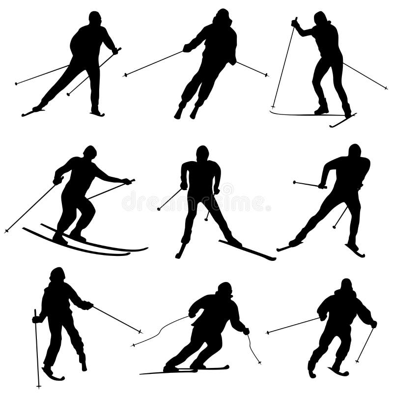 Set of Vector Silhouettes Skiers. Stock Vector - Illustration of sports ...