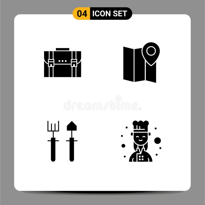 Set of 4 Vector Solid Glyphs on Grid for Briefcase, Marker, Documents ...