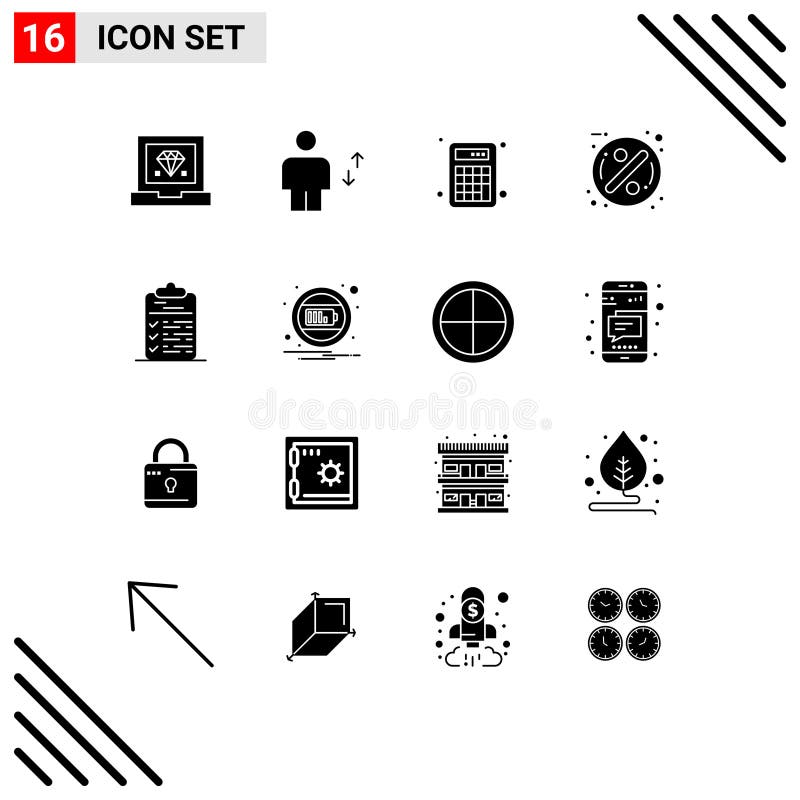 Set of 16 Vector Solid Glyphs on Grid for Checklist, Discount, Move ...