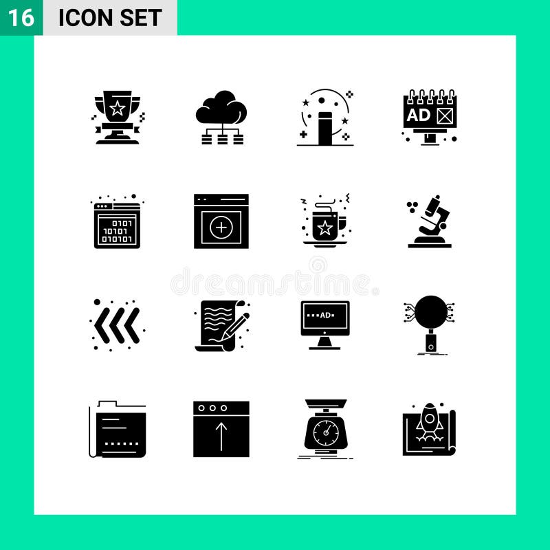 Set of 16 Vector Solid Glyphs on Grid for Code, Billboard, Technology ...