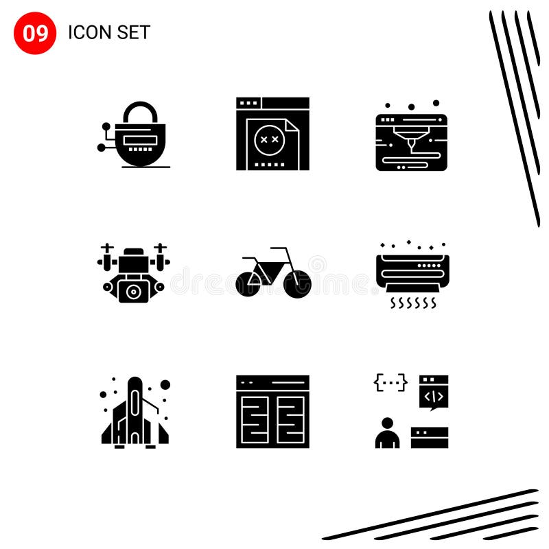 Set of 9 Vector Solid Glyphs on Grid for Conditioner, Ac, Web, Vehicles ...