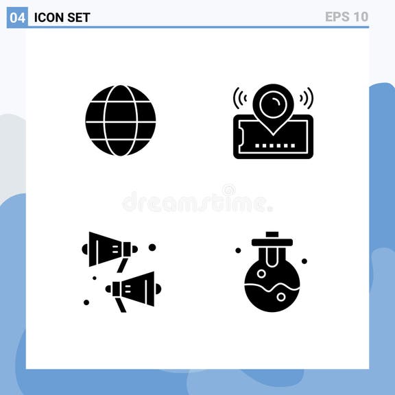 Set of 4 Vector Solid Glyphs on Grid for Globe, Sound, Map, Ticket ...