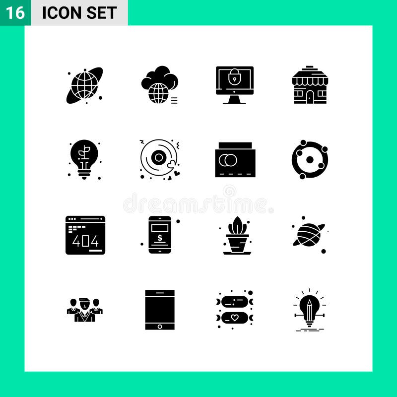 Set of 16 Vector Solid Glyphs on Grid for Light, Bulb, Computer, Shop ...