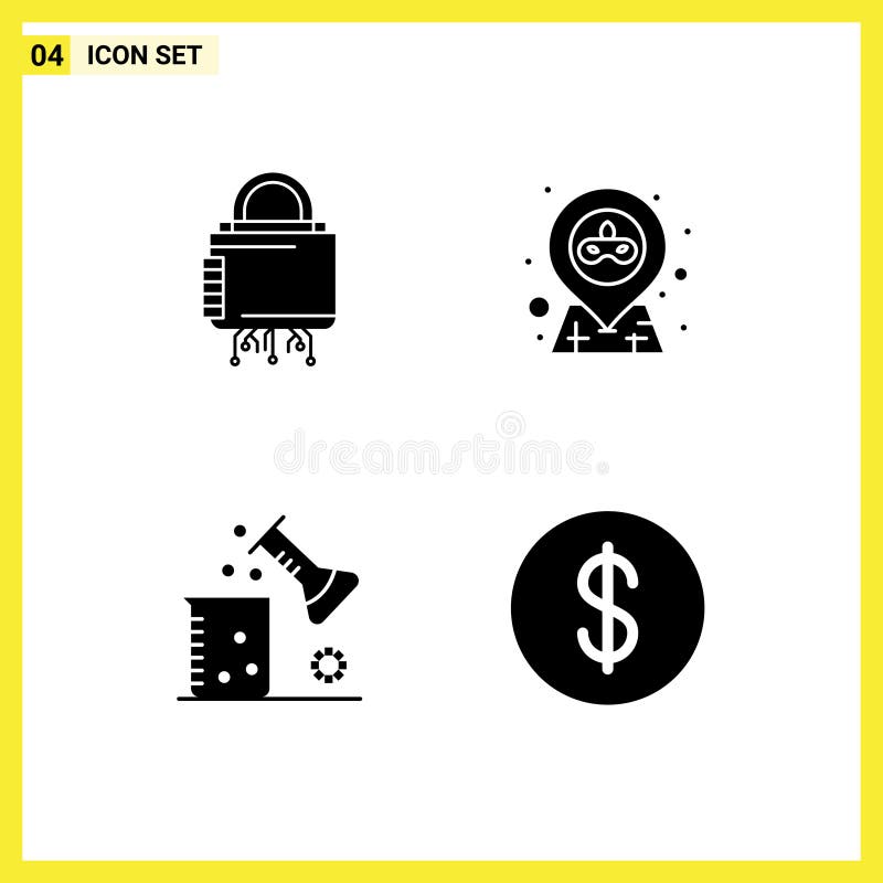 Set of 4 Vector Solid Glyphs on Grid for Security, Chemical Science ...