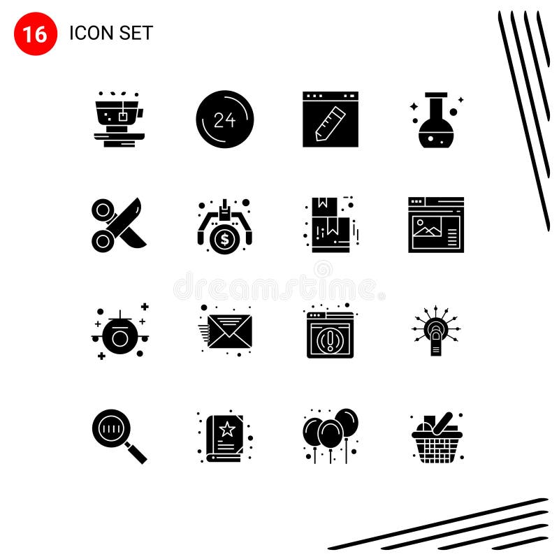 Set of 16 Vector Solid Glyphs on Grid for Test, Flask, Contact Us, Tube ...