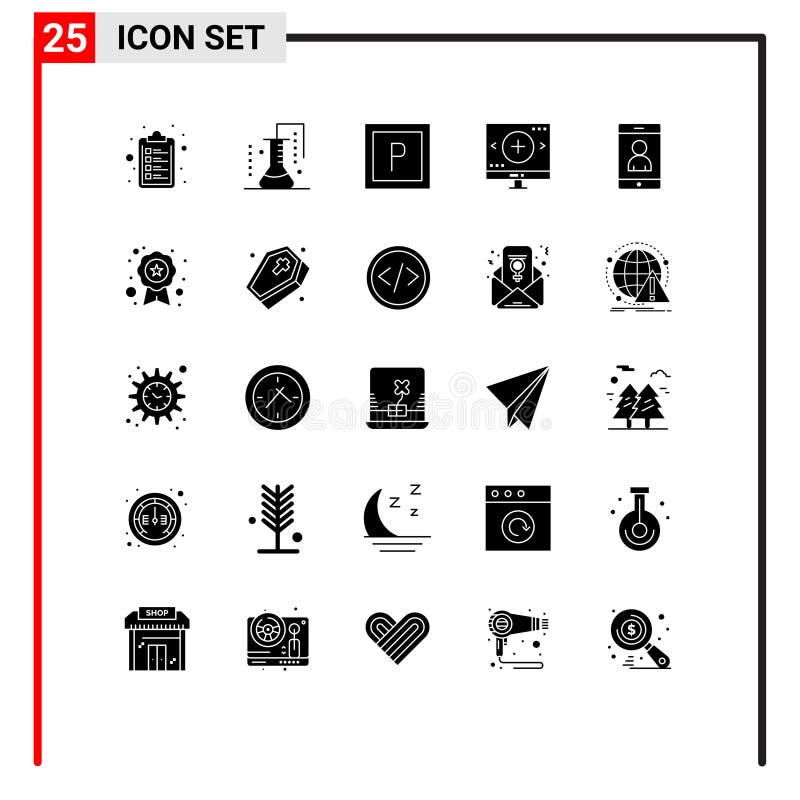 Set of 25 Vector Solid Glyphs on Grid for User, Mobile, Parking, Search ...