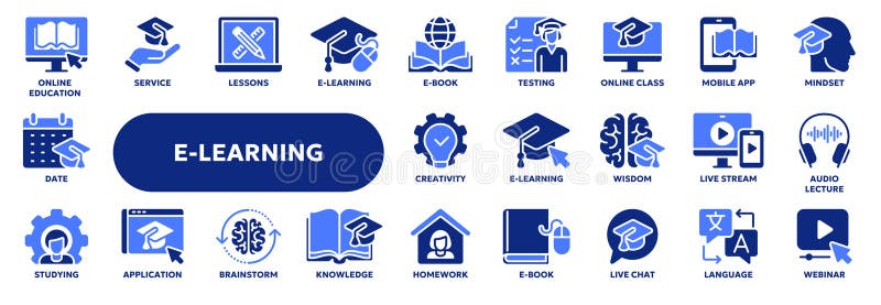 Vector Solid Icons of Online Education and E-learning Stock ...