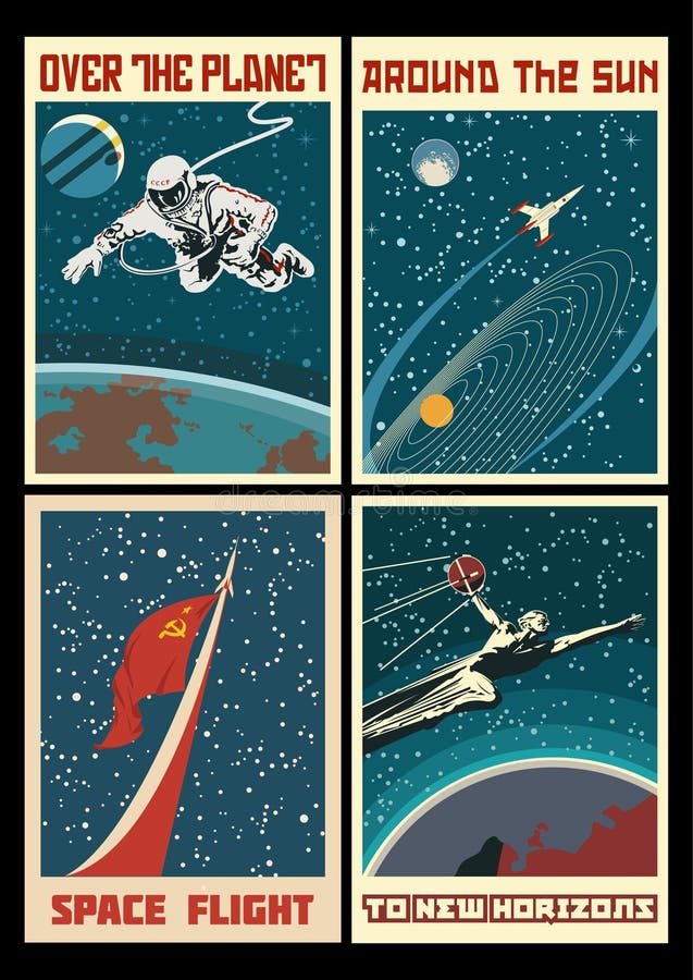 Vintage Space Propaganda Poster Set Stock Illustration - Illustration ...