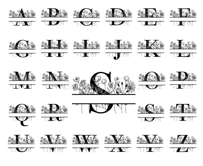 Set of Vector Split Letters with Hand Drawn Line Wildflowers, Botanical ...
