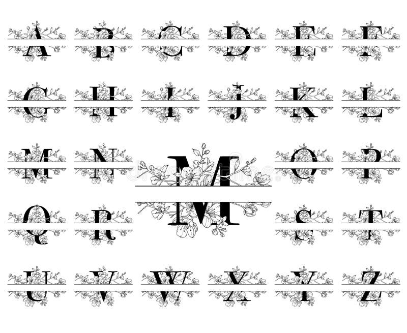 Set of Vector Spring Floral Split Letters with Hand Drawn Line Apple ...