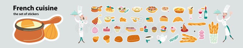 A Set of Vector Stickers of French Dishes and Chef Characters Stock ...