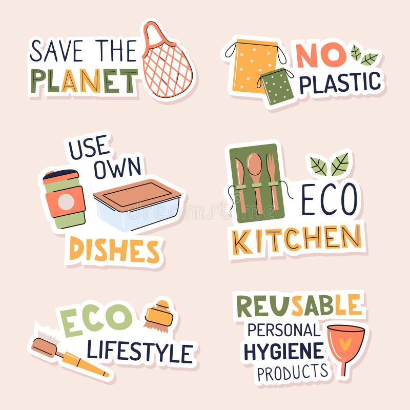 A Set of Vector Stickers on the Theme of Ecology and Zero Waste ...
