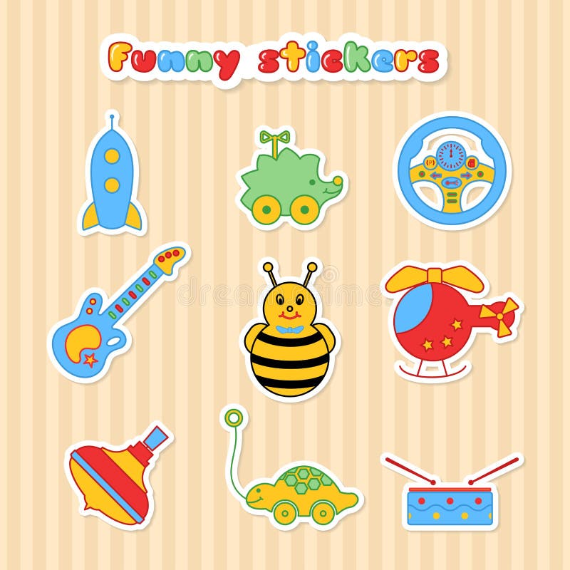 Set of Stickers with Boy and Toys. Stock Vector - Illustration of ...