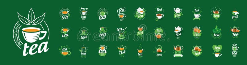 Set of Vector Tea Logos on a Green Background Stock Vector ...