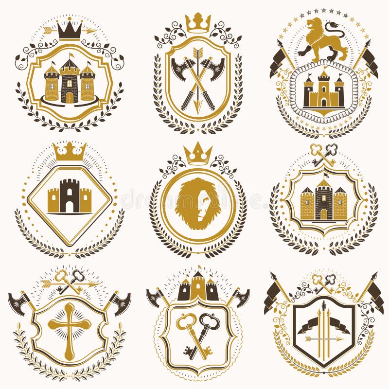 Set of Vector Vintage Elements, Heraldry Labels Stylized in Retro ...
