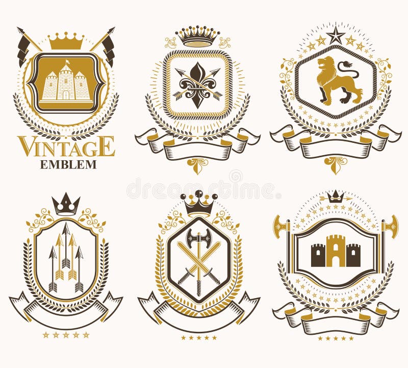 Set of Vector Vintage Elements, Heraldry Labels Stylized in Retro ...