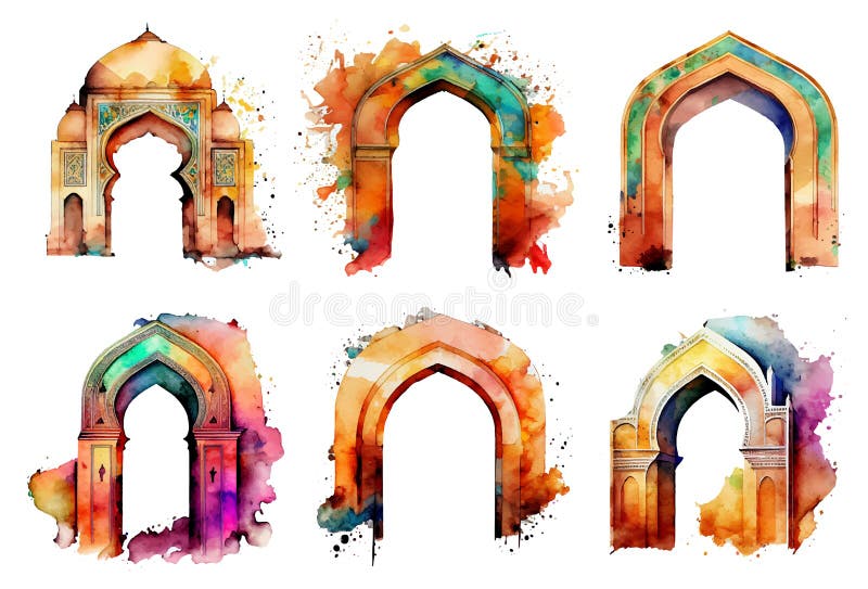 Set Vector Watercolor Illustration of Muslim Greeting Card Arch Ramadan ... Set Vector Watercolor Illustration of Muslim Greeting Card Arch Ramadan ...