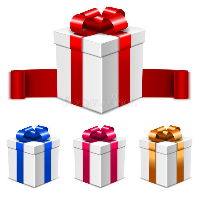 Set of Vector White Gift Boxes with Bows in Different Colors on White ...