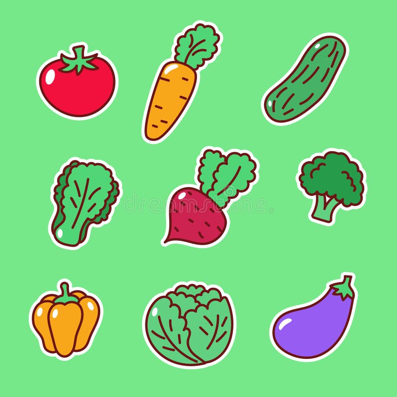 Set of Vegetable Vectors Illustration with a Cute Design on Green ...