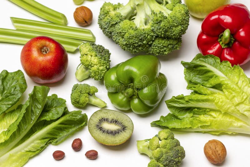Set of Vegetables: Broccoli, Pepper, Lettuce, Celery Stalks, Apple ...
