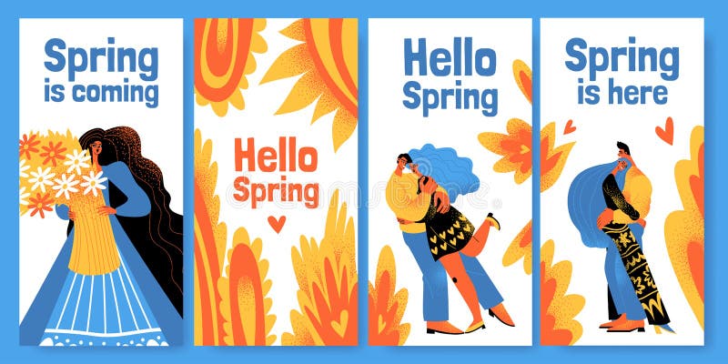 Set of Vertical Banners Hello Spring with Funny Characters and ...
