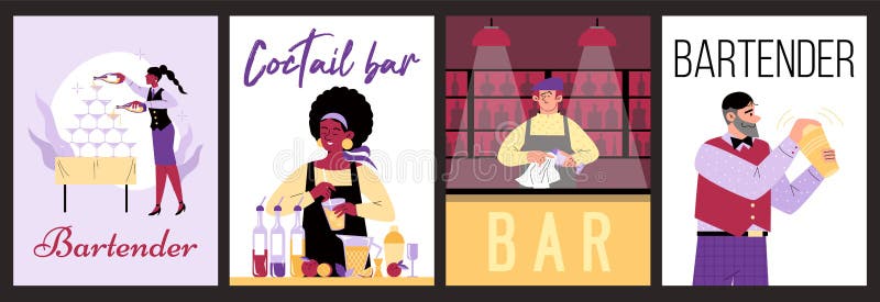 Set of Vertical Banners or Posters about Bartender Work Flat Style ...