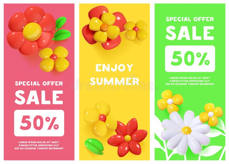 Set of Vertical Templates Banners with 3D Flowers. Stock Vector ...